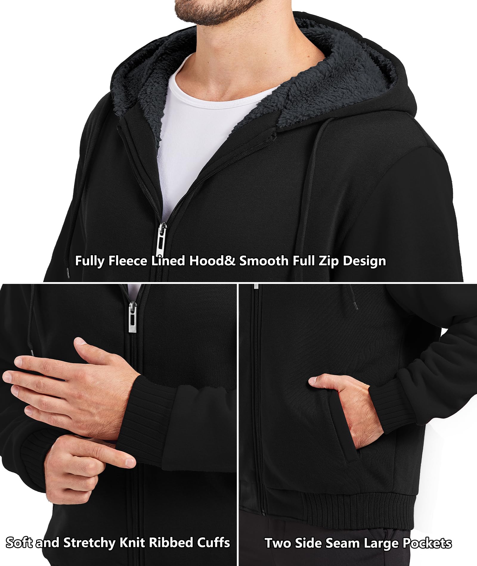 GEEK LIGHTING Hoodies for Men Heavyweight Fleece Sweatshirt - Full Zip Up Thick Sherpa Lined, Pure black XXL
