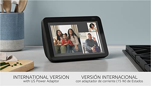 Echo Show 8 (2nd Gen, 2021 release) | International Version with US Power Adaptor | HD smart display with Alexa and 13 MP camera | Charcoal