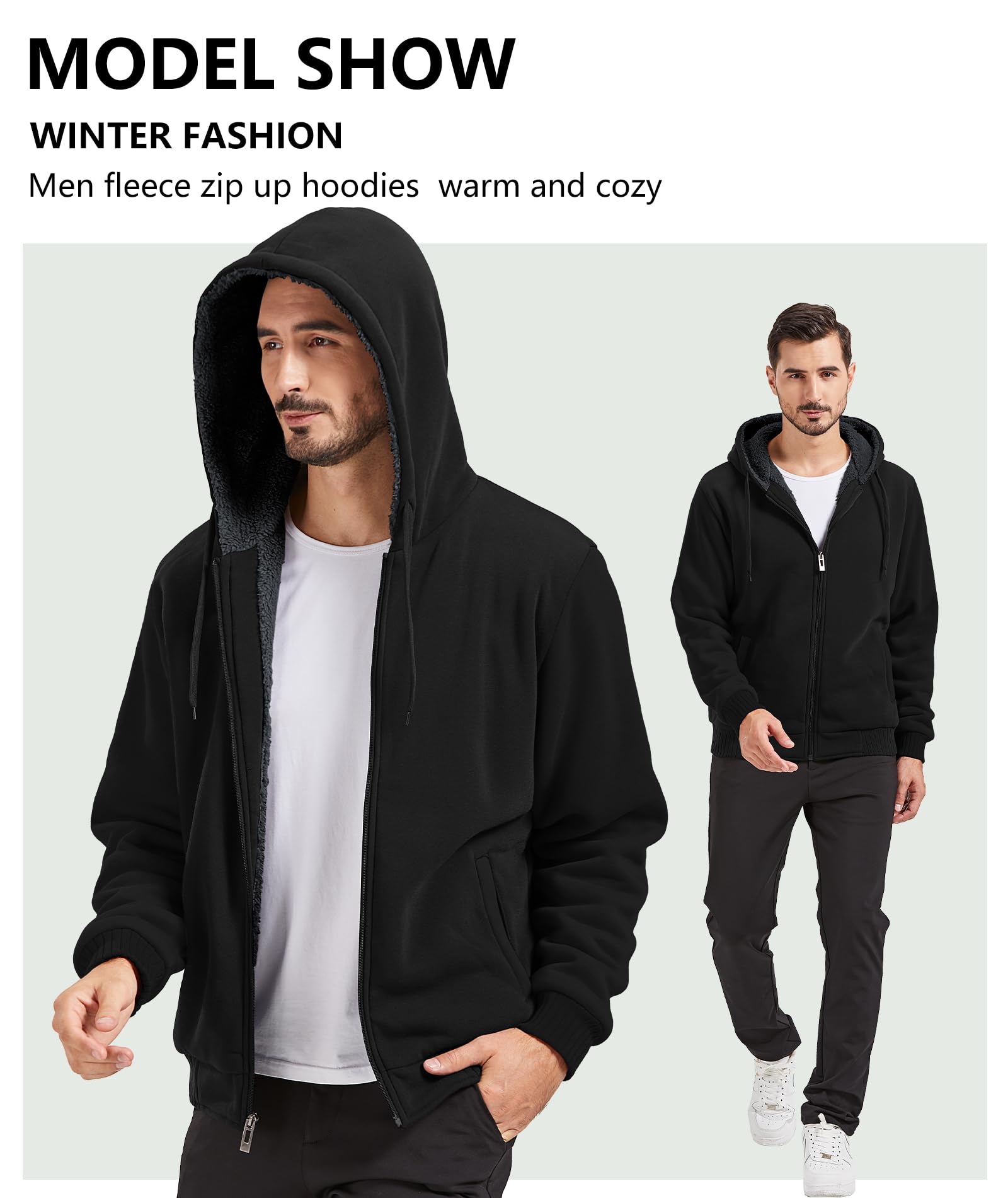 GEEK LIGHTING Hoodies for Men Heavyweight Fleece Sweatshirt - Full Zip Up Thick Sherpa Lined, Pure black XXL