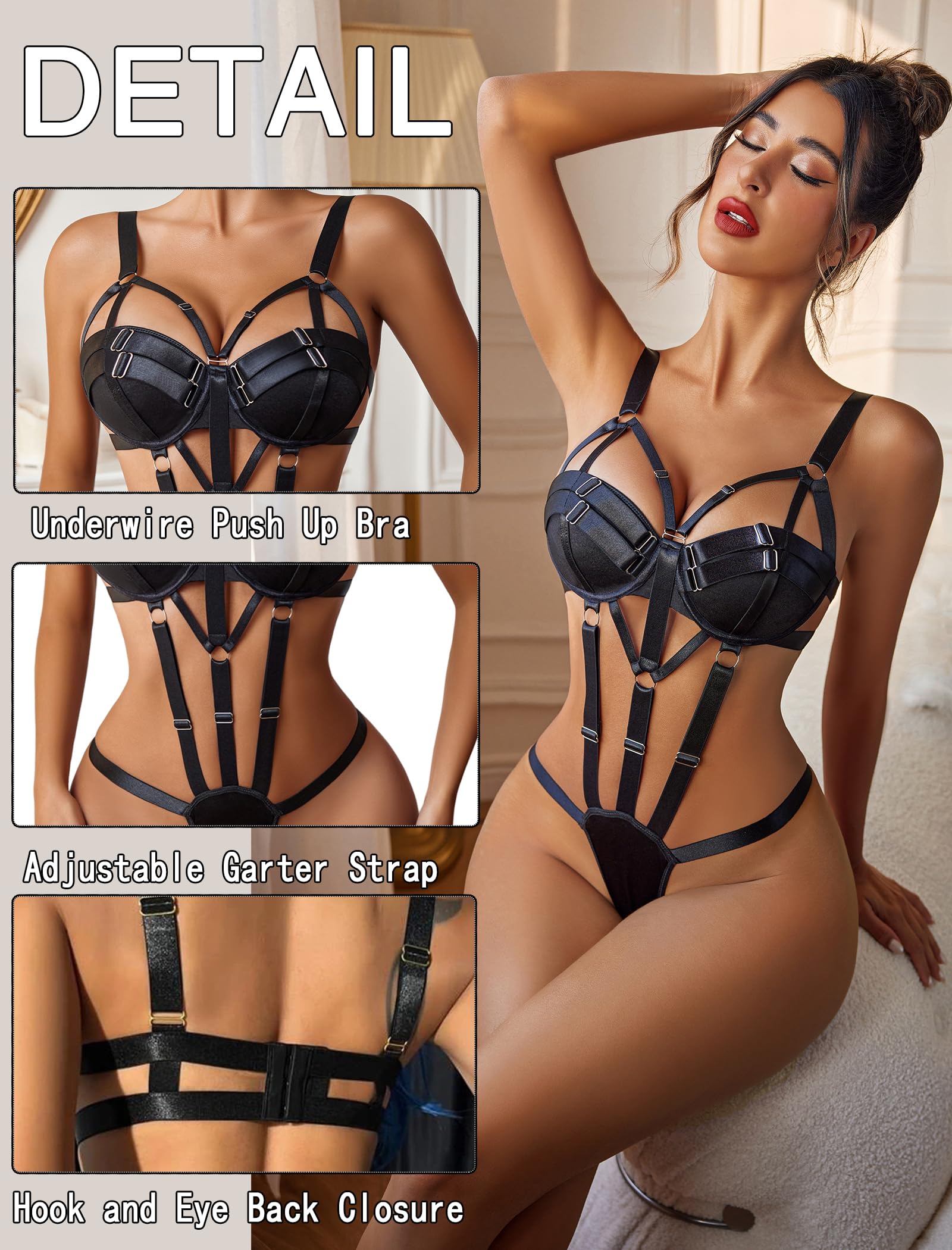 Avidlove Womens Lingerie Set Sexy Underwired Push Up One Piece Babydoll Teddy Lingerie Black Medium