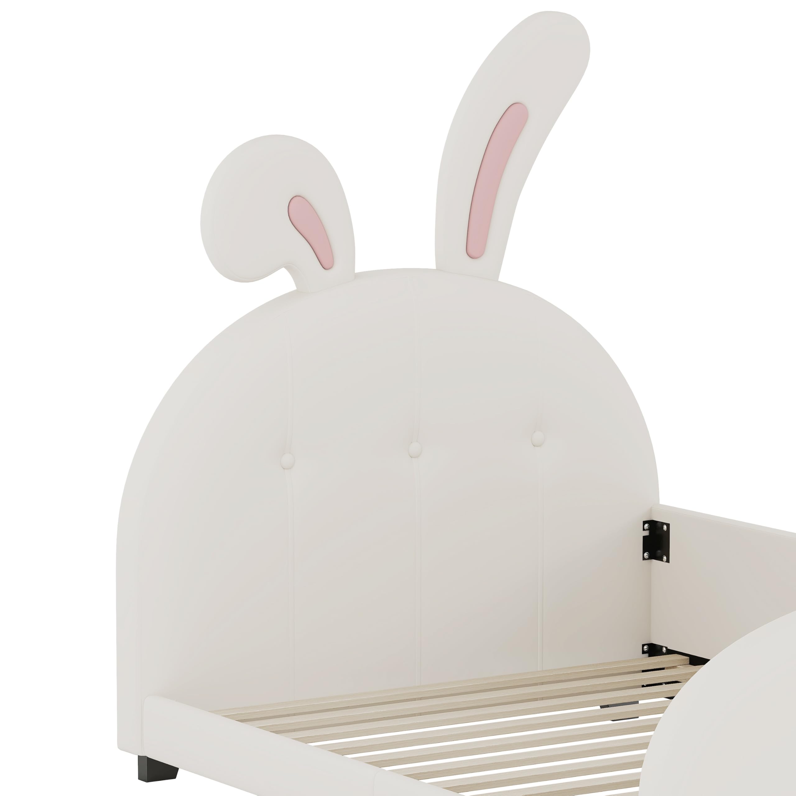 BEDGJH Twin Size Upholstered Rabbit-Shape Princess Bed, Wood Twin Size Platform Bed Frame with Headboard and Footboard for Kids Teens Girls Boys, Fun Design & Easy Assembly (White)