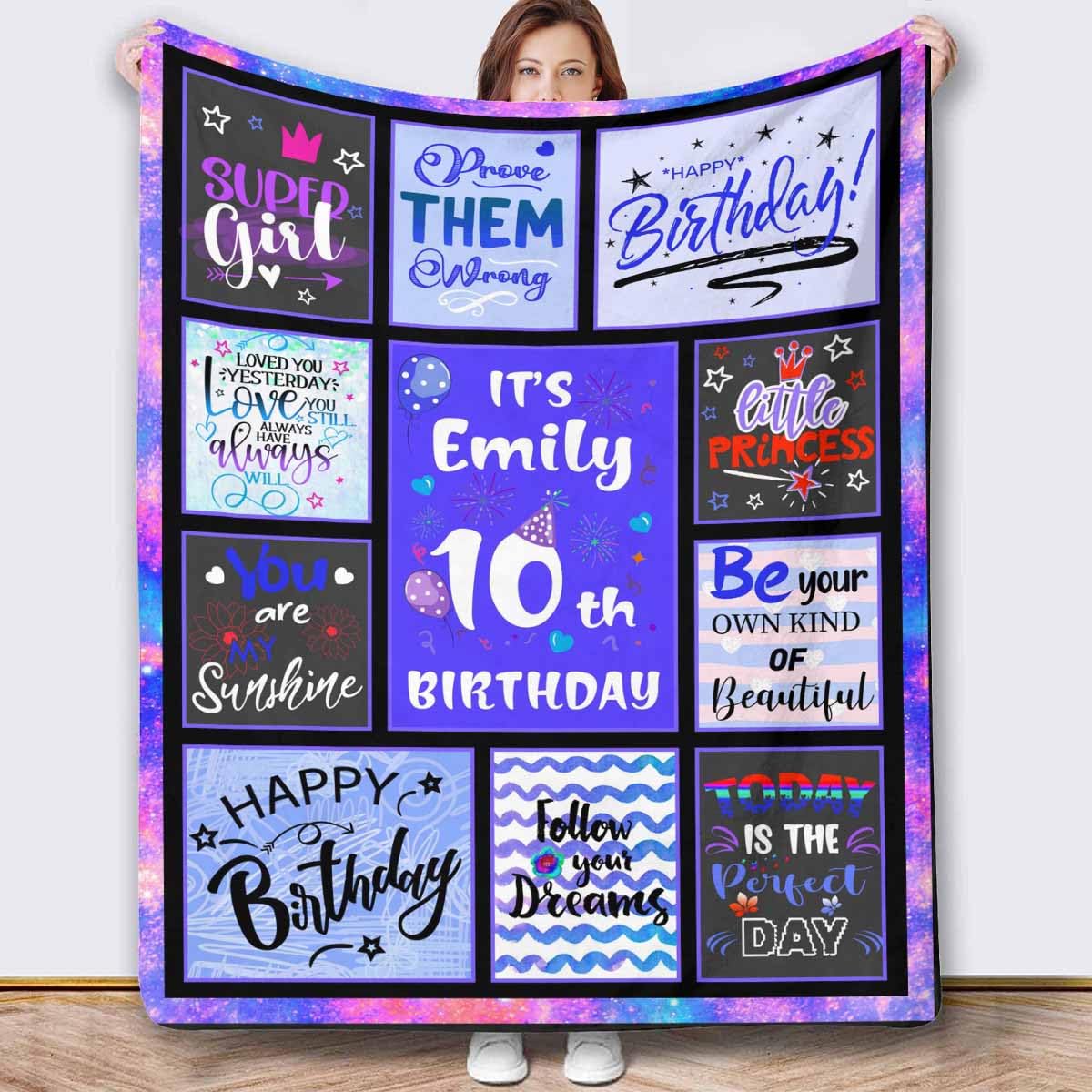Newcos Customized Congrats Blankets for Girls for 10th Birthday, Gifts for Mom Daughter, Custom Birthday Blankets for Napping Camping for Home Bed Sofa Decoration (Blue Purple) 30"x40"