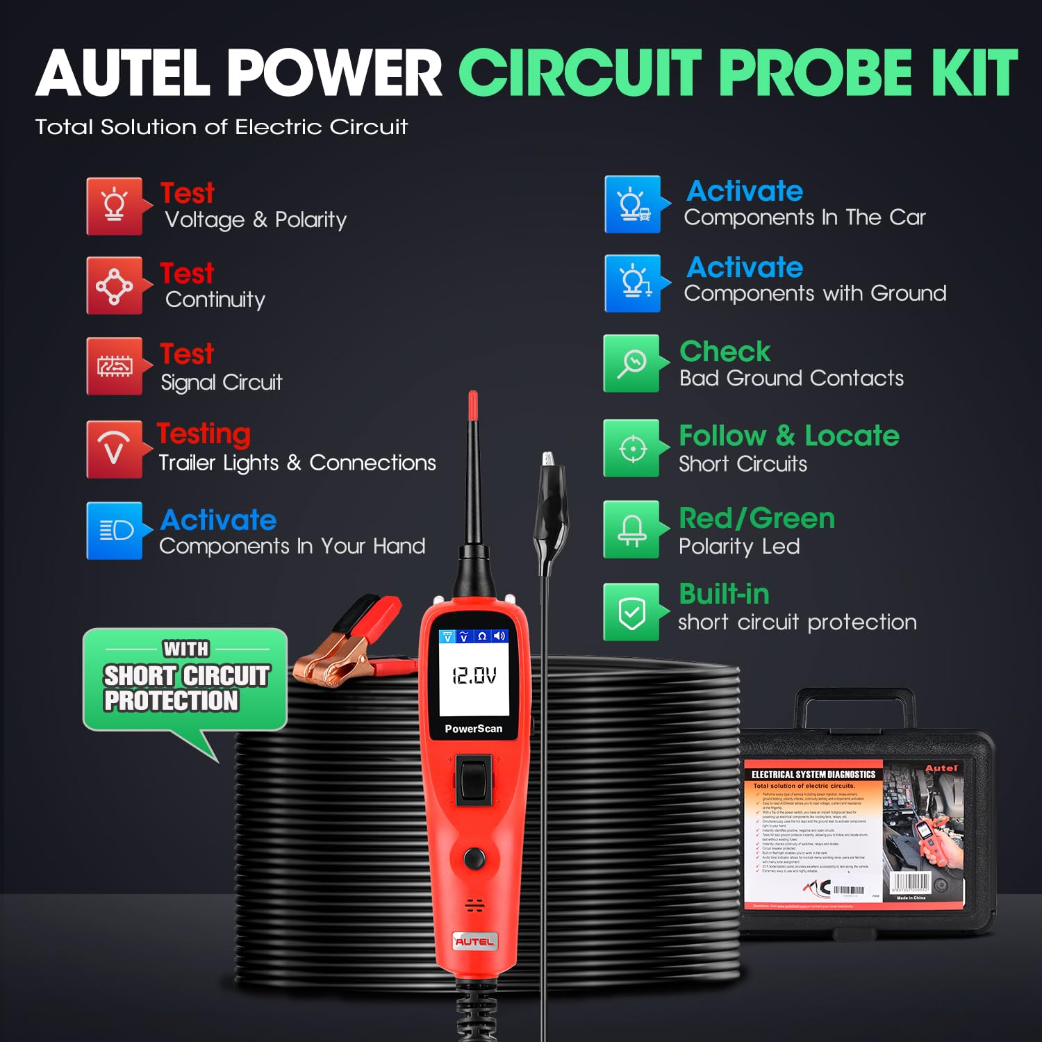 Autel PowerScan Automotive Circuit Tester, Power Circuit Probe Tool, 12-24V Electrical Short Open Breaker Circuit Finder, AC/DC Current Resistance, Duty Cycle, & 20FT Extension Cord, for 99% Cars