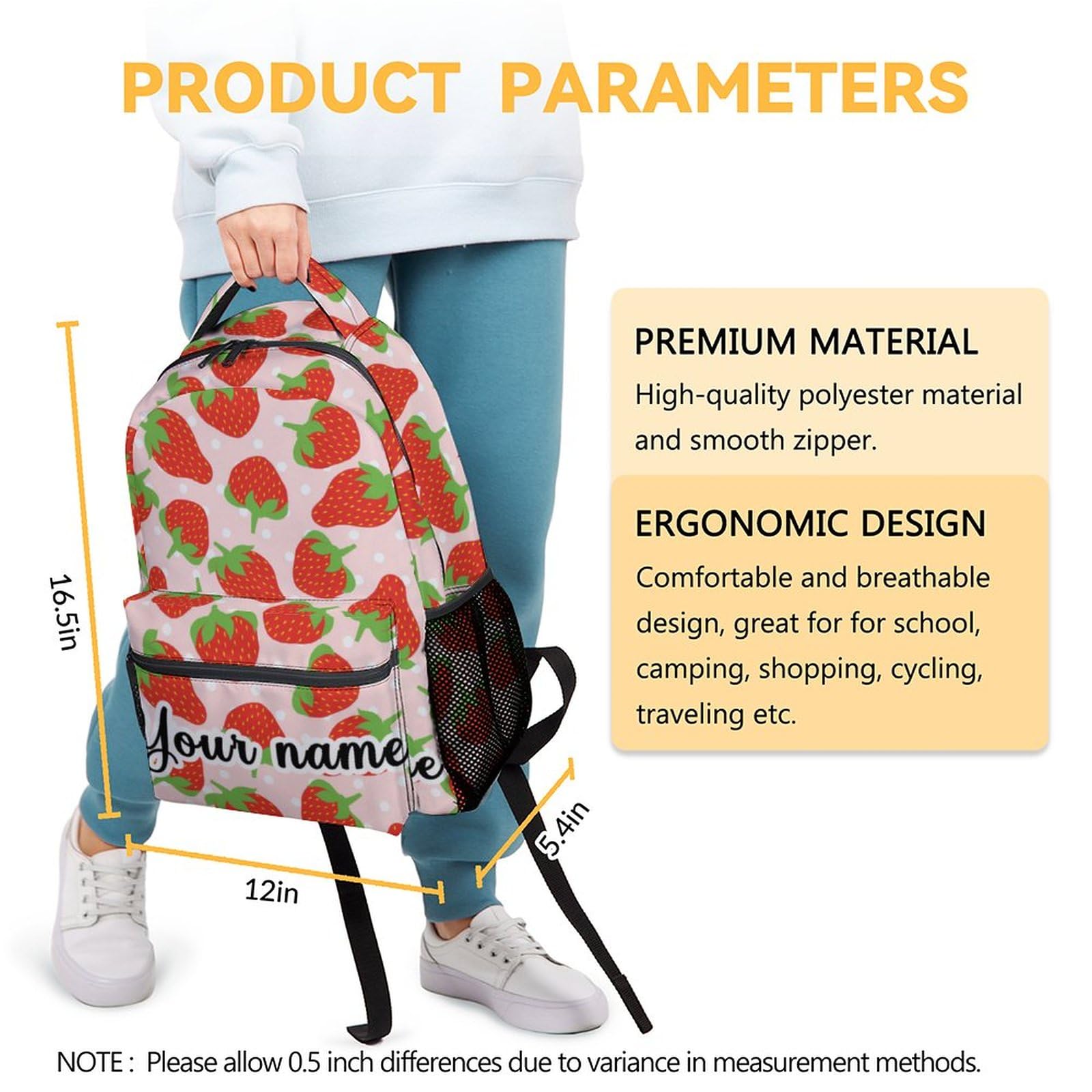 COOPASIA Personalized Strawberry Backpack for Girls, 16 Inch Aesthetic Backpack for School, Red, Adjustable Straps, Durable, Lightweight, Large Capacity Bookbag for Kids