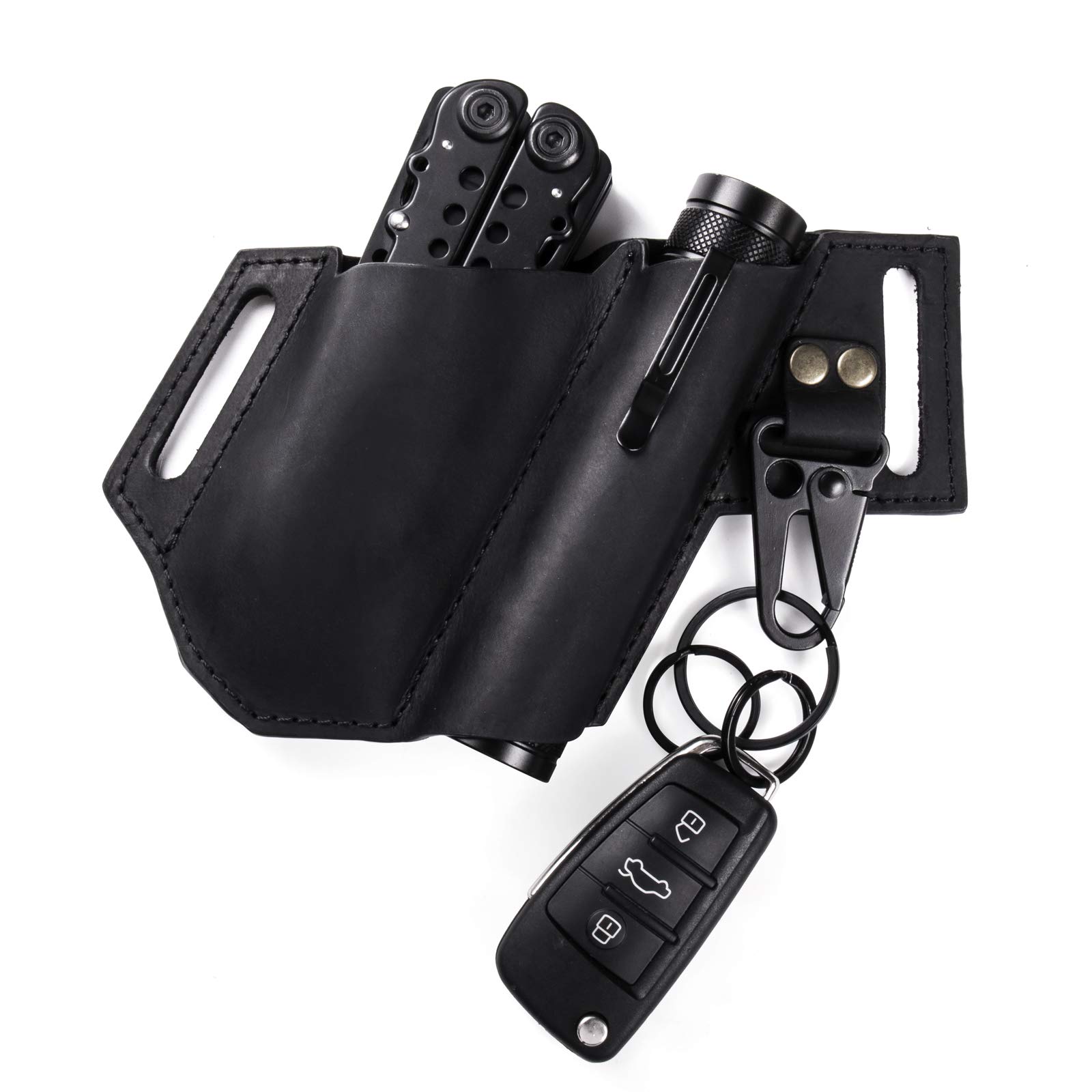 Gentlestache Leather Sheath for Leatherman,Leather Knife Sheaths for Belt, EDC Leather Pocket Organizer with Key Holder for Belt and Flashlight Sheath Color Black