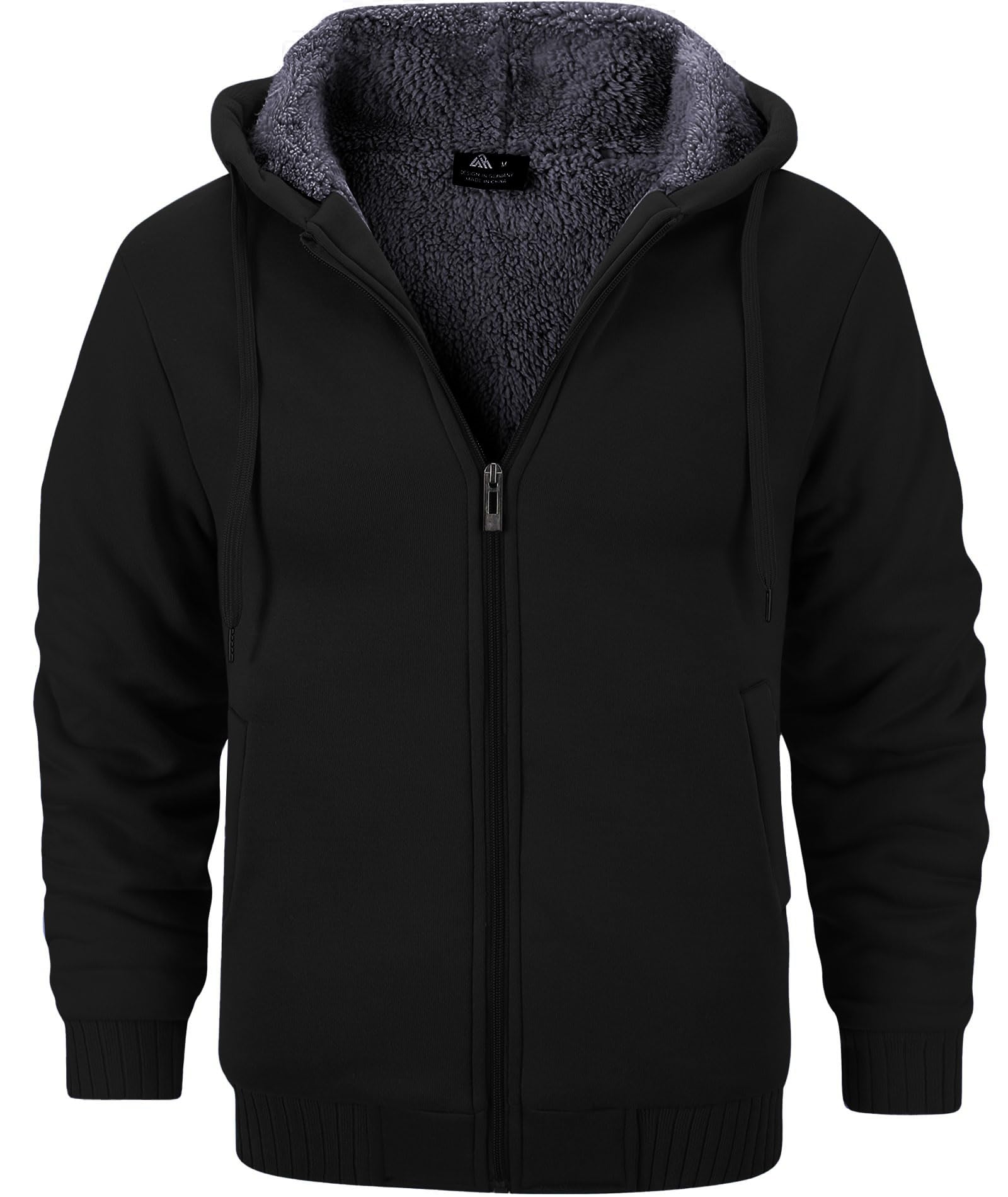 GEEK LIGHTING Hoodies for Men Heavyweight Fleece Sweatshirt - Full Zip Up Thick Sherpa Lined, Pure black XXL