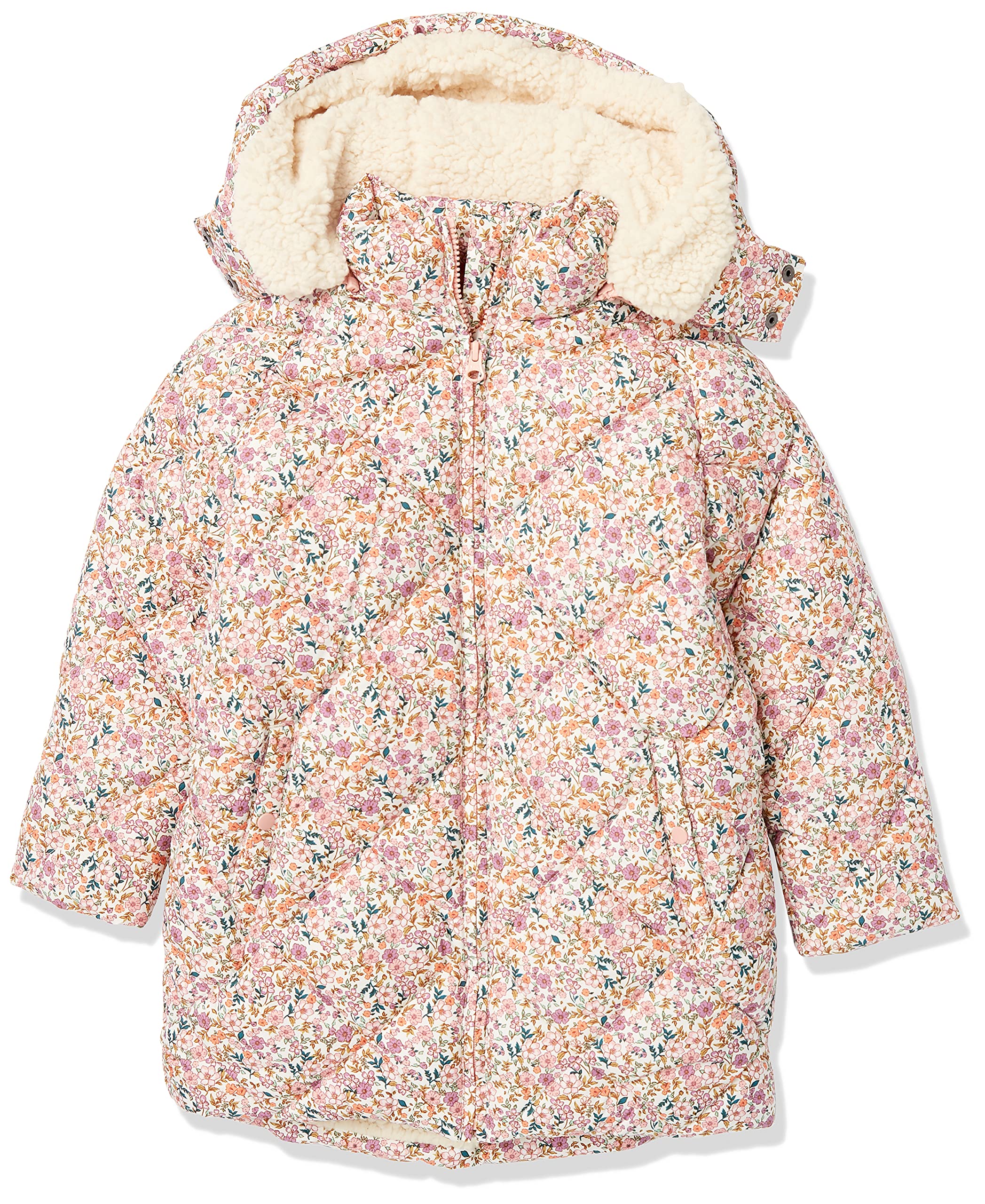 Amazon Essentials Toddler Girls' Long Quilted Cocoon Puffer Coat, Cream Floral, 3T