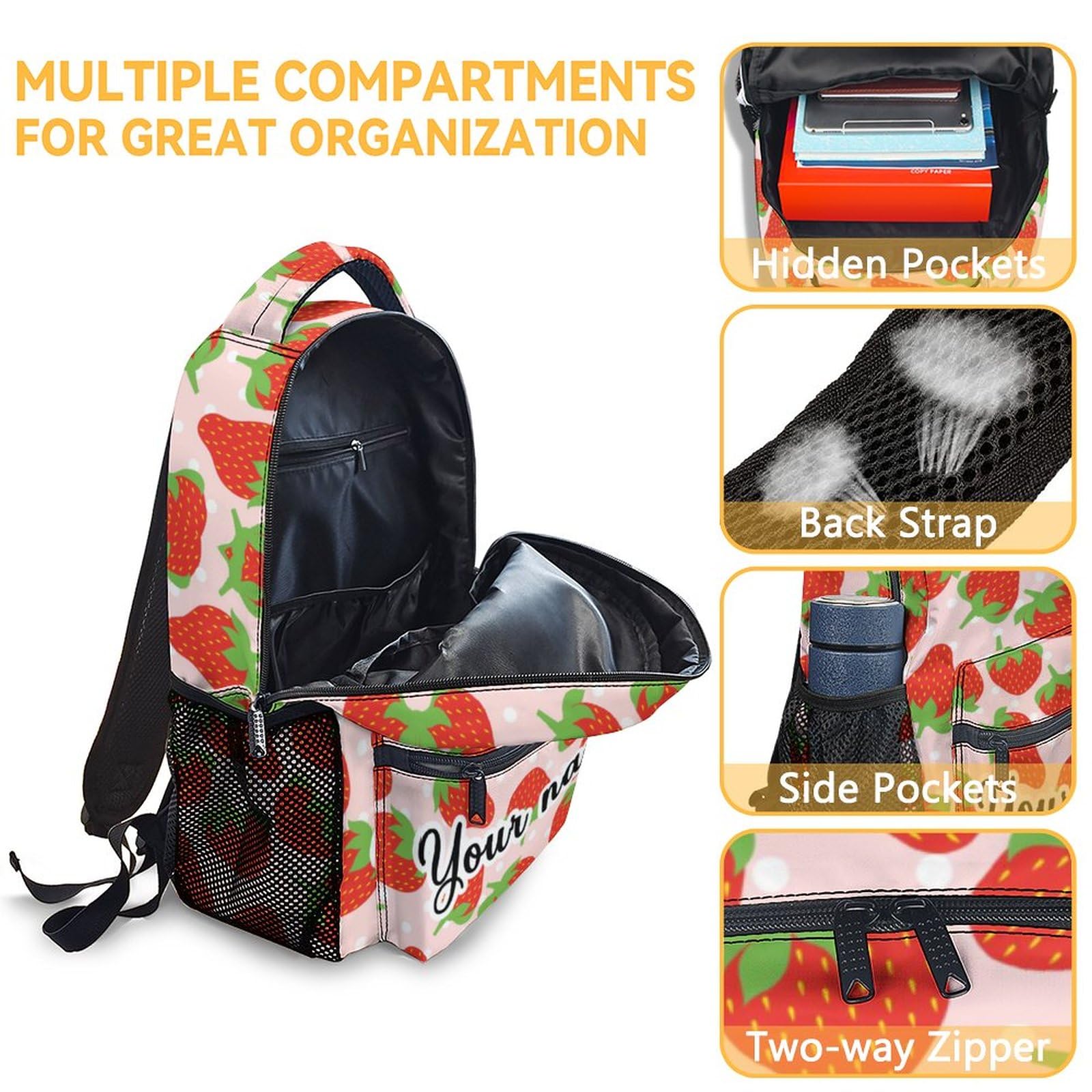 COOPASIA Personalized Strawberry Backpack for Girls, 16 Inch Aesthetic Backpack for School, Red, Adjustable Straps, Durable, Lightweight, Large Capacity Bookbag for Kids