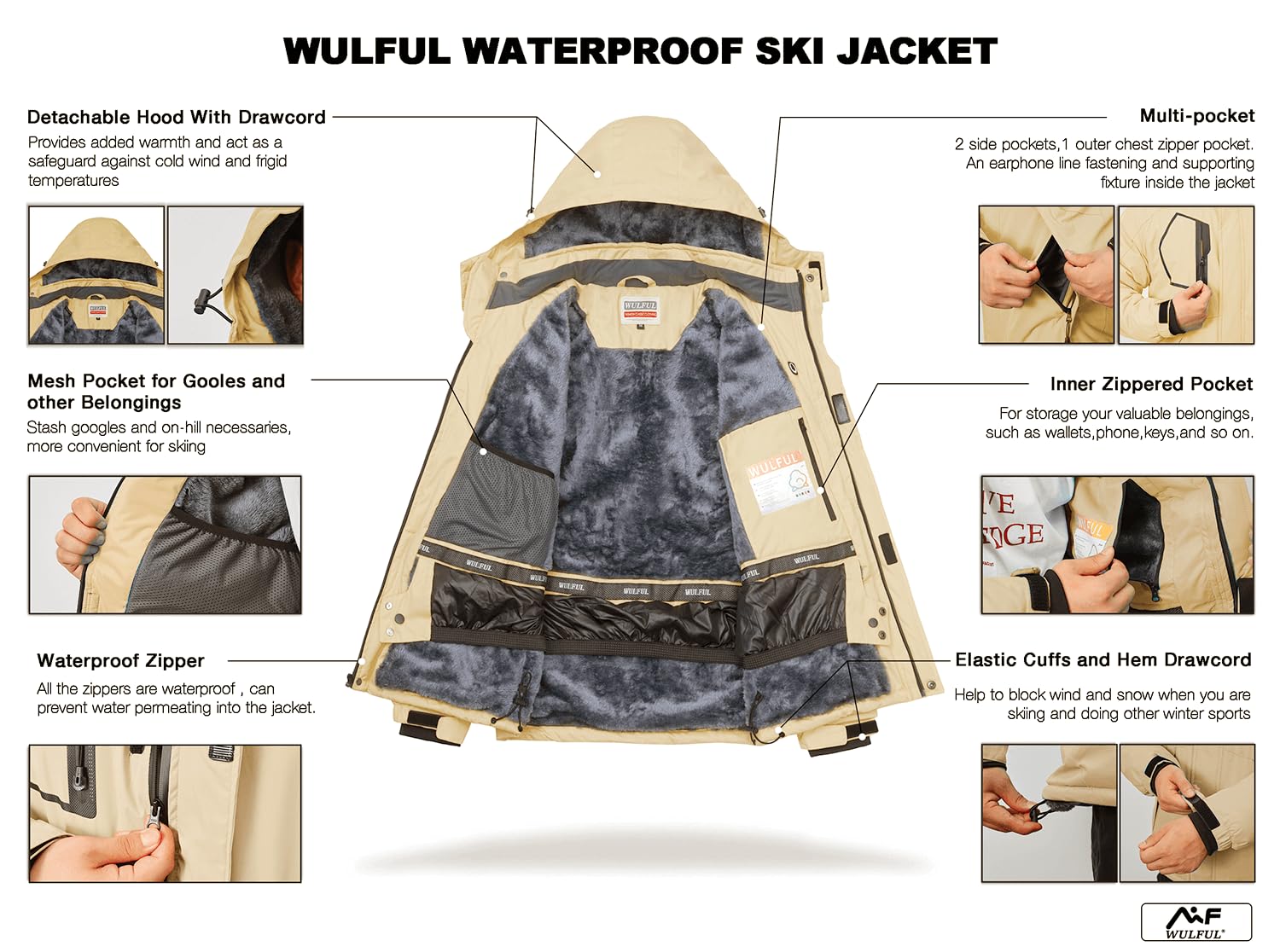WULFUL Men's Waterproof Ski Jacket Warm Winter Snow Coat Mountain Windbreaker Hooded Raincoat