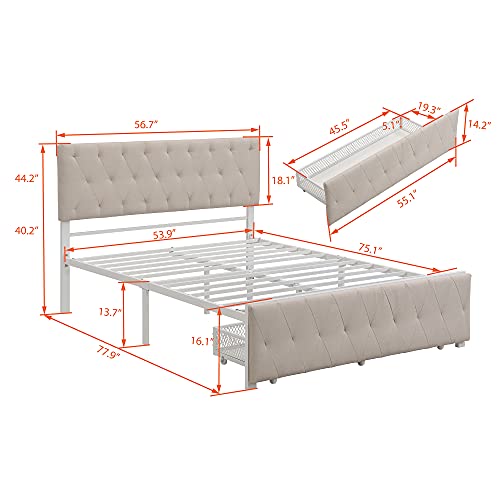 MERITLINE Full Size Metal Bed, Platform Bed Frame with Upholstered Headboard and Footboard, Platform Bed with Drawer Storage No Box Spring Needed ( Beige)