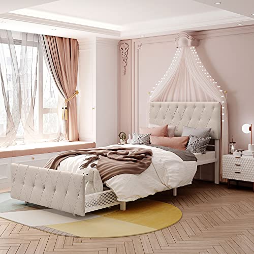 MERITLINE Full Size Metal Bed, Platform Bed Frame with Upholstered Headboard and Footboard, Platform Bed with Drawer Storage No Box Spring Needed ( Beige)
