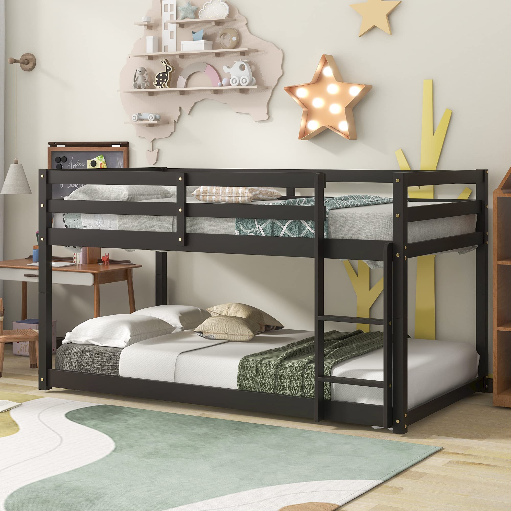 LAVHOME Twin Low Bunk Bed, Solid Wood Twin Over Twin Bunk Bed Frame with Full Guardrails & Integrated Ladder, Floor Twin Bunk Beds for Kids Boys and Girls, No Box Spring Needed,Espresso