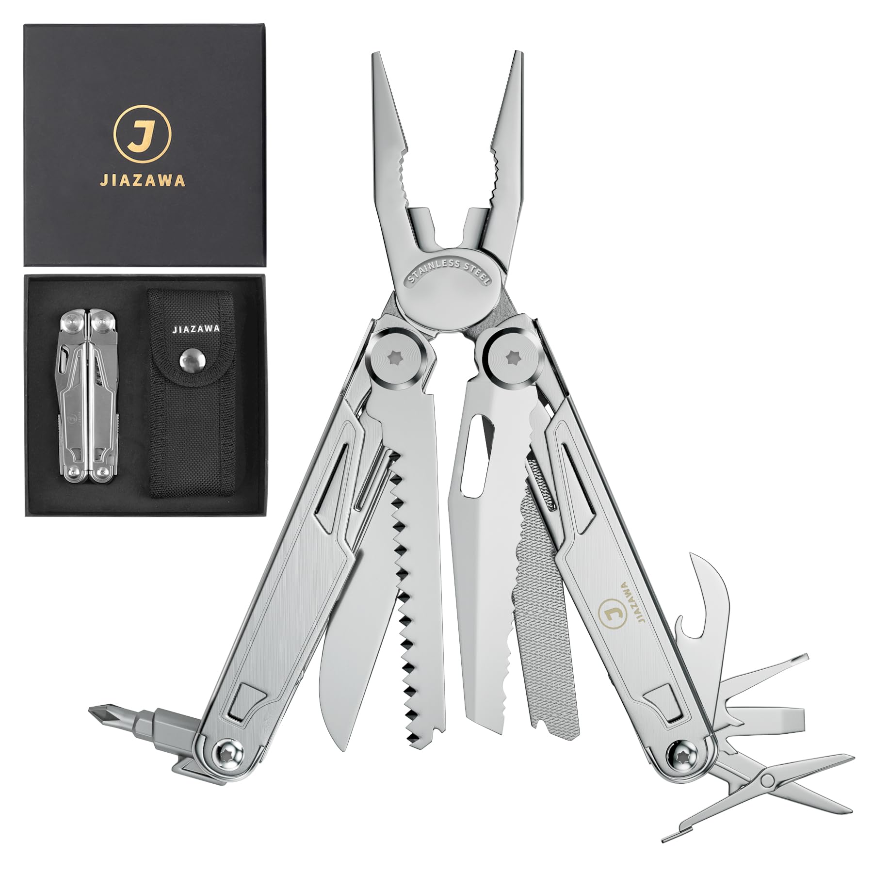 JIAZAWA Multitool Pliers,23 in 1 Multitools with Titanium-plated Handle Safety Locking Lightweight EDC Tool nylon sheath for Gifts,Men,Outdoor Survival,Hiking,Camping