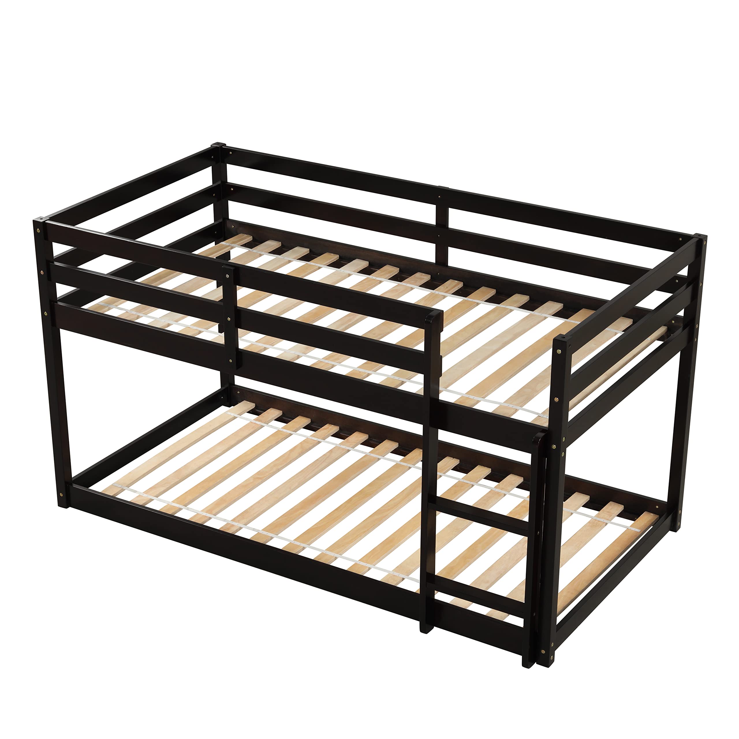 LAVHOME Twin Low Bunk Bed, Solid Wood Twin Over Twin Bunk Bed Frame with Full Guardrails & Integrated Ladder, Floor Twin Bunk Beds for Kids Boys and Girls, No Box Spring Needed,Espresso