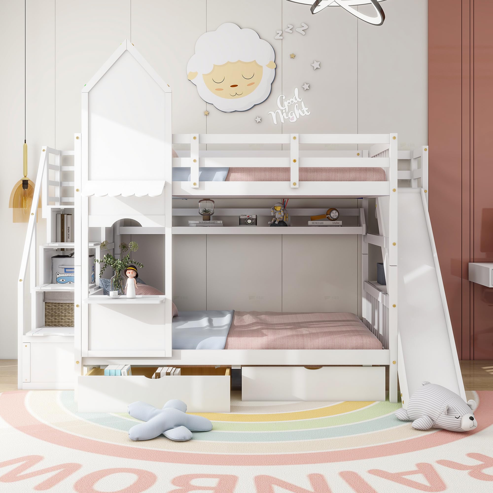 BIADNBZ Full Bunk Bed with Storage Stairs and Slide, 2 Drawers&3 Shelves, Multifunctional Wooden Low Bunkbed Frame, for Kids Teens Boys Girls Bedroom, White
