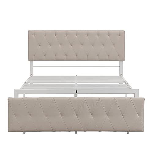 MERITLINE Full Size Metal Bed, Platform Bed Frame with Upholstered Headboard and Footboard, Platform Bed with Drawer Storage No Box Spring Needed ( Beige)
