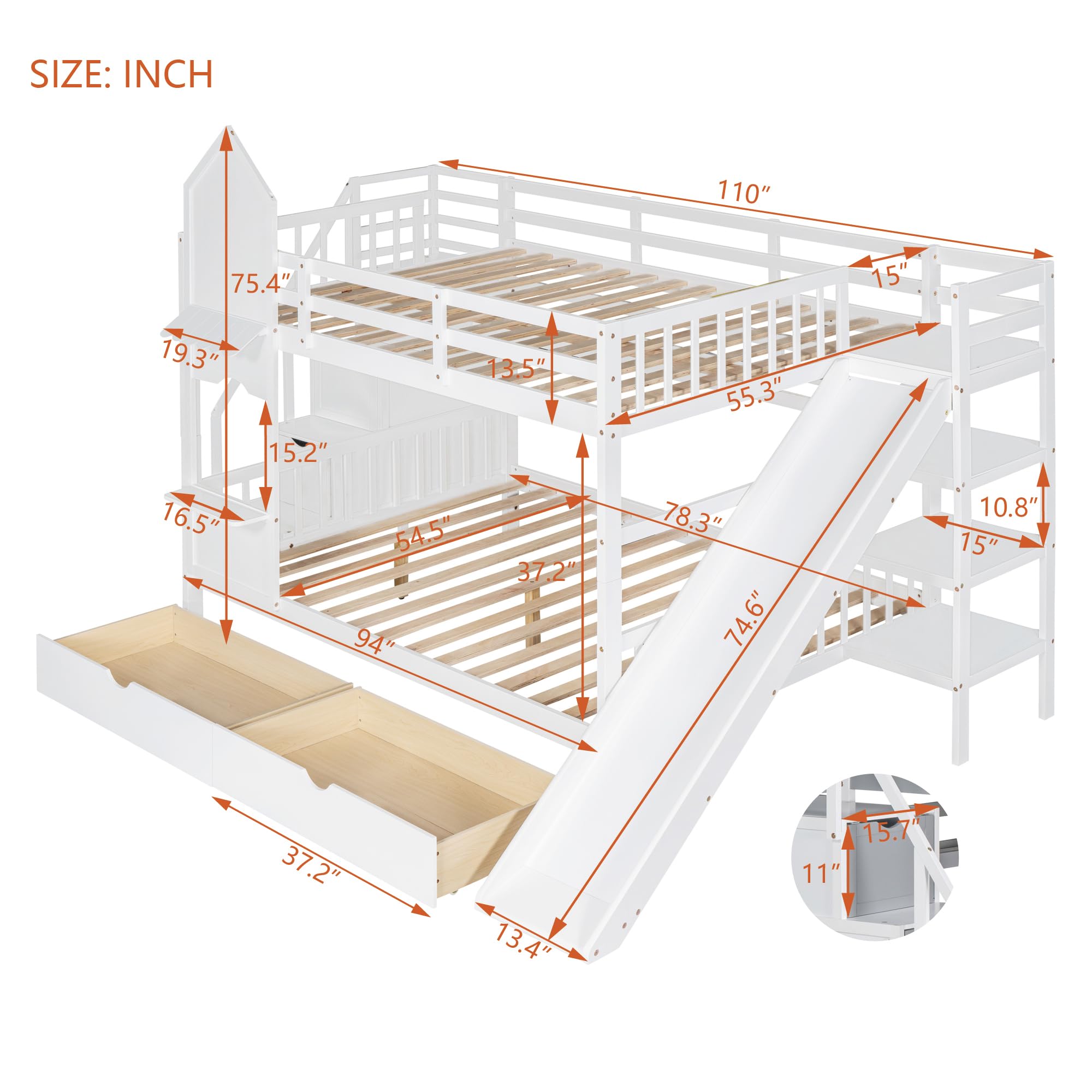 BIADNBZ Full Bunk Bed with Storage Stairs and Slide, 2 Drawers&3 Shelves, Multifunctional Wooden Low Bunkbed Frame, for Kids Teens Boys Girls Bedroom, White