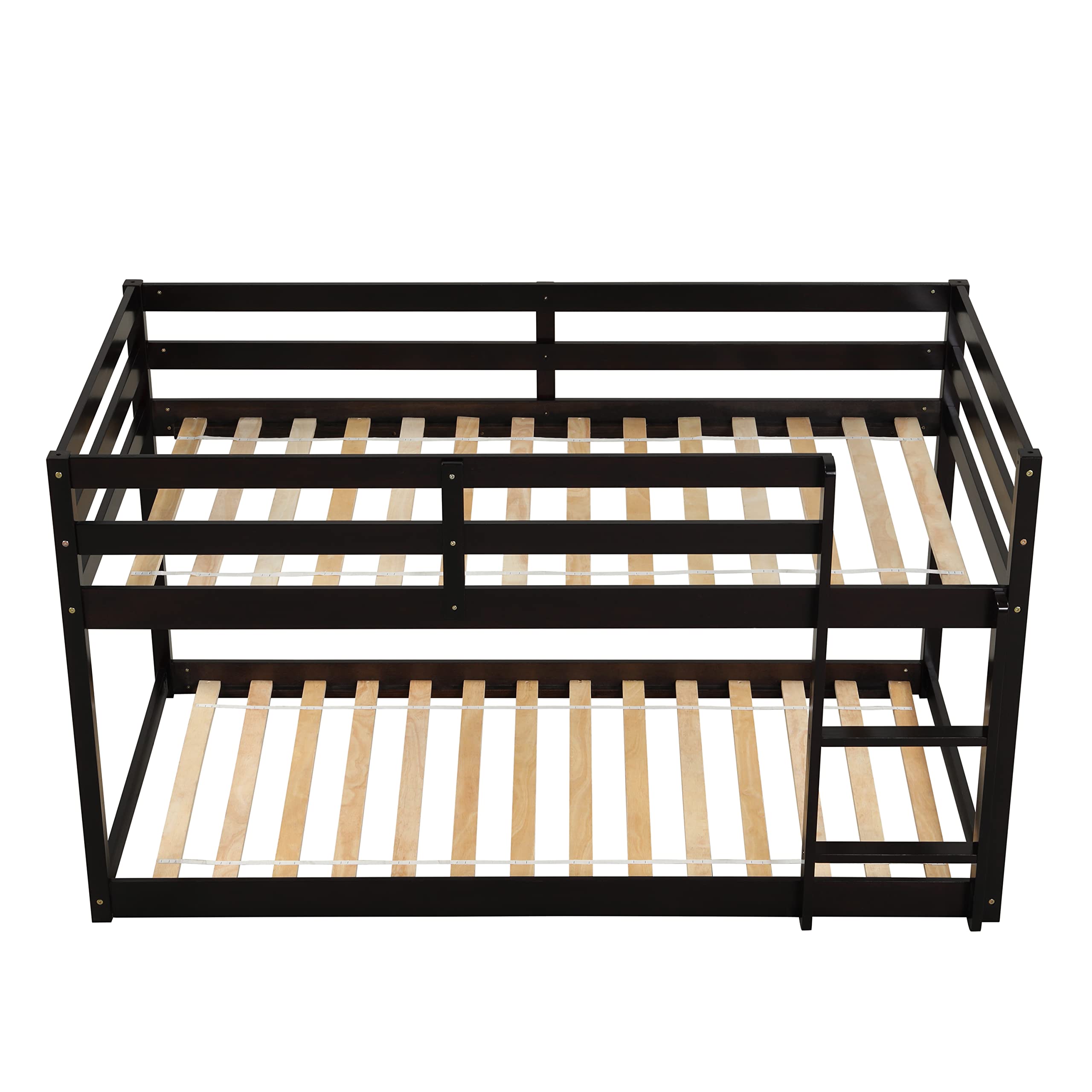 LAVHOME Twin Low Bunk Bed, Solid Wood Twin Over Twin Bunk Bed Frame with Full Guardrails & Integrated Ladder, Floor Twin Bunk Beds for Kids Boys and Girls, No Box Spring Needed,Espresso