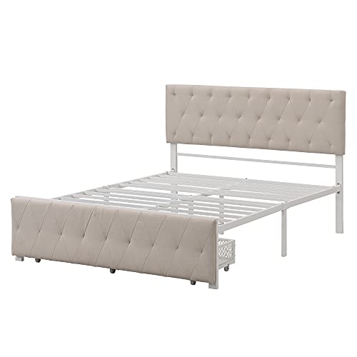 MERITLINE Full Size Metal Bed, Platform Bed Frame with Upholstered Headboard and Footboard, Platform Bed with Drawer Storage No Box Spring Needed ( Beige)