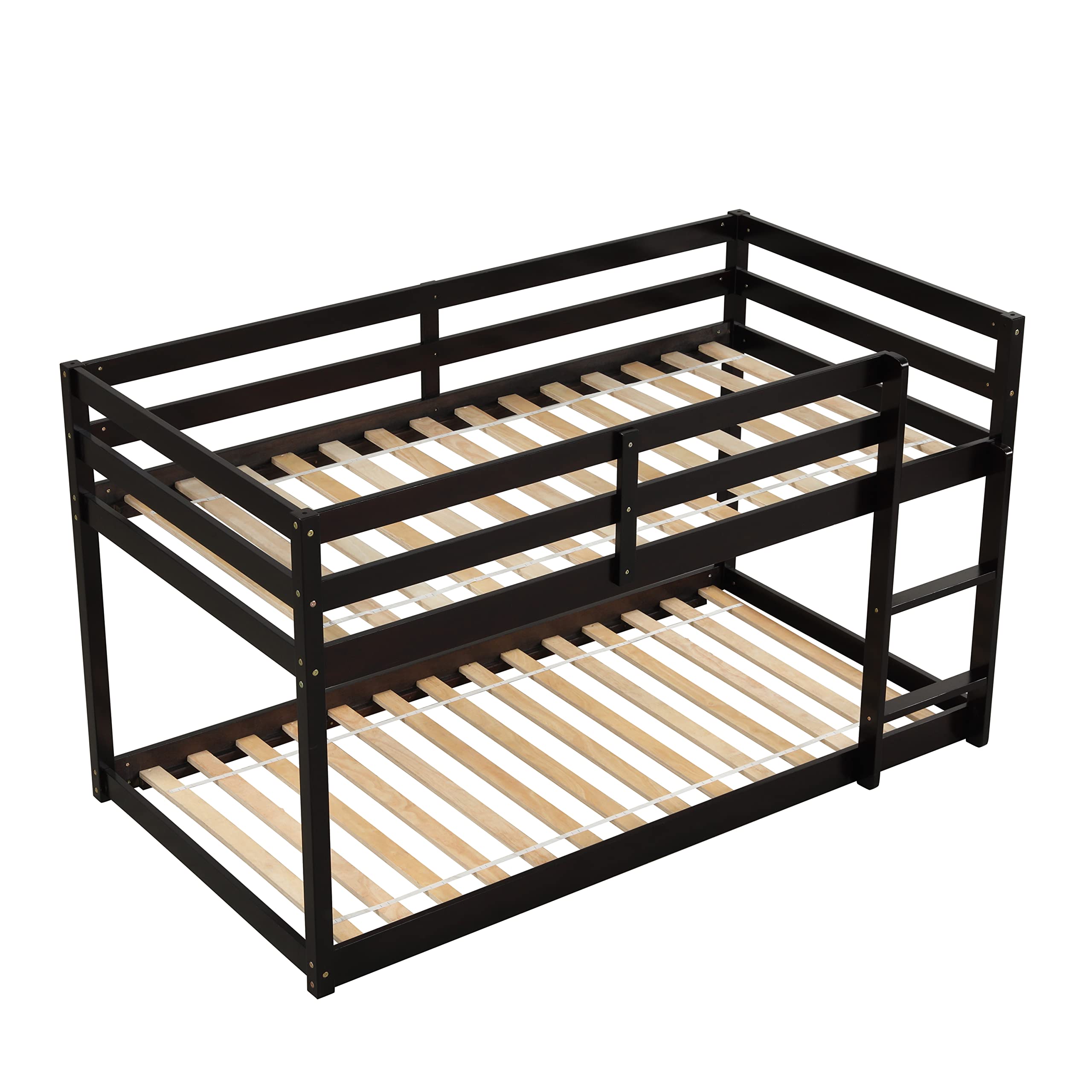 LAVHOME Twin Low Bunk Bed, Solid Wood Twin Over Twin Bunk Bed Frame with Full Guardrails & Integrated Ladder, Floor Twin Bunk Beds for Kids Boys and Girls, No Box Spring Needed,Espresso