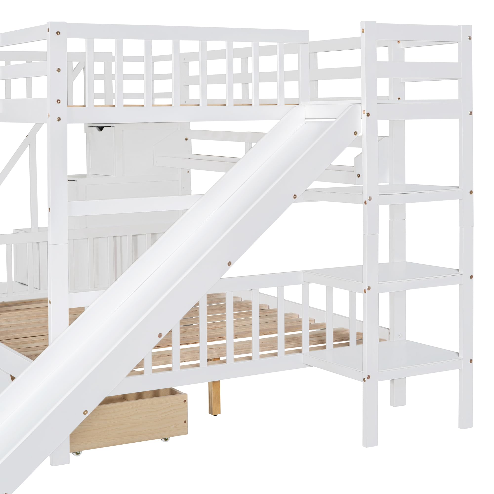 BIADNBZ Full Bunk Bed with Storage Stairs and Slide, 2 Drawers&3 Shelves, Multifunctional Wooden Low Bunkbed Frame, for Kids Teens Boys Girls Bedroom, White