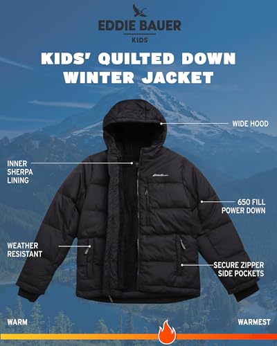 Eddie Bauer Boys' Winter Jacket - Heavyweight Quilted Down Jacket - Insulated Hooded Outerwear Coat for Boys (5-16), Size 7-8, Black