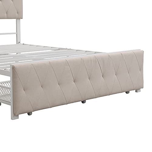 MERITLINE Full Size Metal Bed, Platform Bed Frame with Upholstered Headboard and Footboard, Platform Bed with Drawer Storage No Box Spring Needed ( Beige)