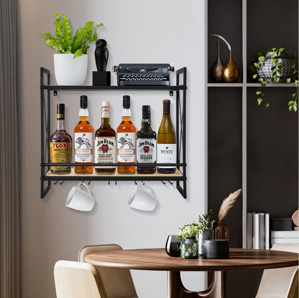MYOYAY Industrial Wine Racks Wall Mounted 23.6in Industrial Pipe Shelf with 5 Stem Glass Holder 2 Tier Rustic Metal Hanging Wine Holder Wood Shelves Wall Shelf