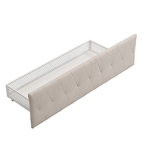 MERITLINE Full Size Metal Bed, Platform Bed Frame with Upholstered Headboard and Footboard, Platform Bed with Drawer Storage No Box Spring Needed ( Beige)