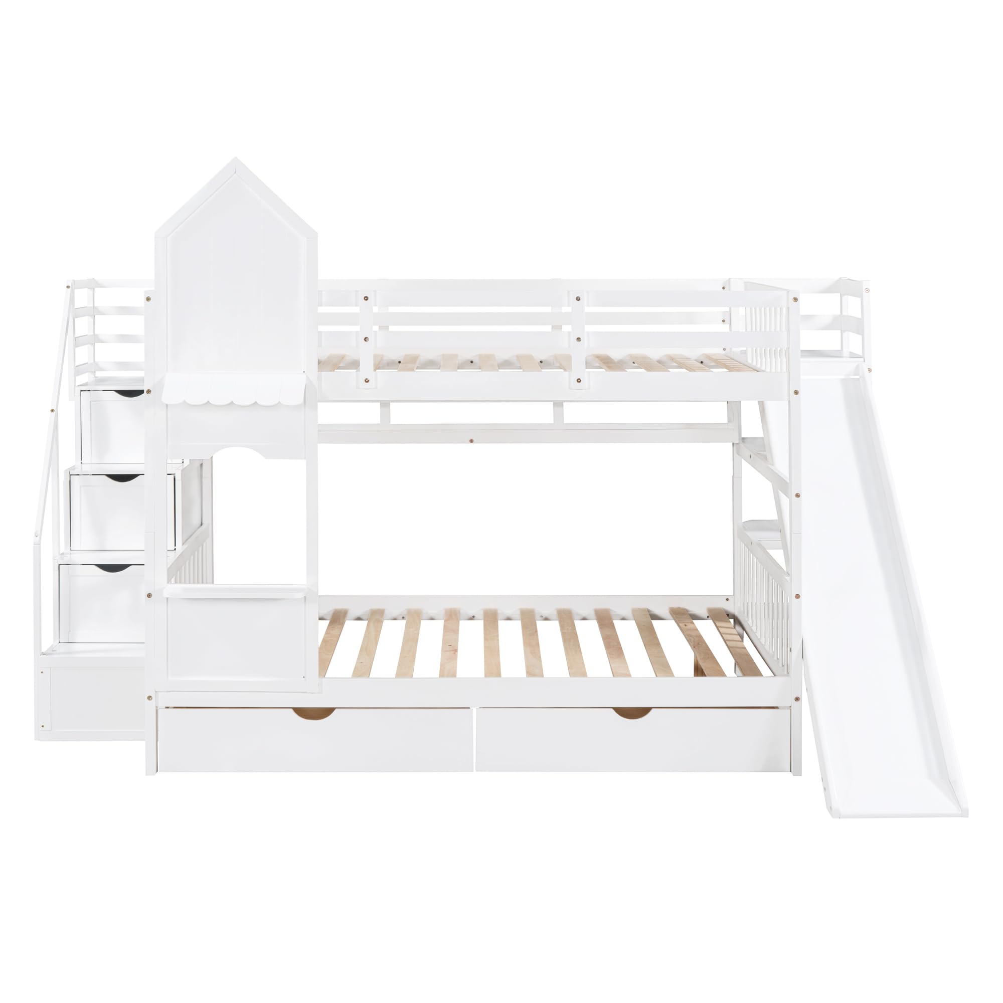 BIADNBZ Full Bunk Bed with Storage Stairs and Slide, 2 Drawers&3 Shelves, Multifunctional Wooden Low Bunkbed Frame, for Kids Teens Boys Girls Bedroom, White