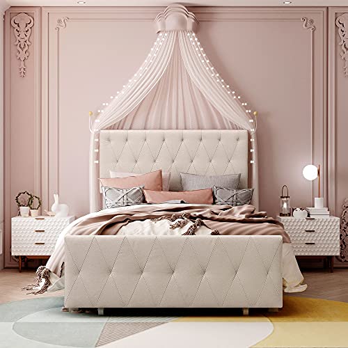 MERITLINE Full Size Metal Bed, Platform Bed Frame with Upholstered Headboard and Footboard, Platform Bed with Drawer Storage No Box Spring Needed ( Beige)
