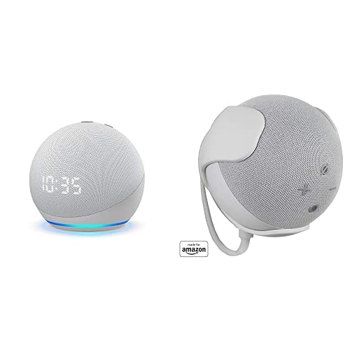 Certified Refurbished Echo Dot (4th Gen) Glacier White with Clock and Wall mount