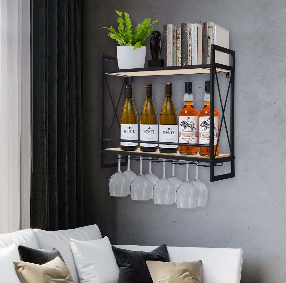MYOYAY Industrial Wine Racks Wall Mounted 23.6in Industrial Pipe Shelf with 5 Stem Glass Holder 2 Tier Rustic Metal Hanging Wine Holder Wood Shelves Wall Shelf