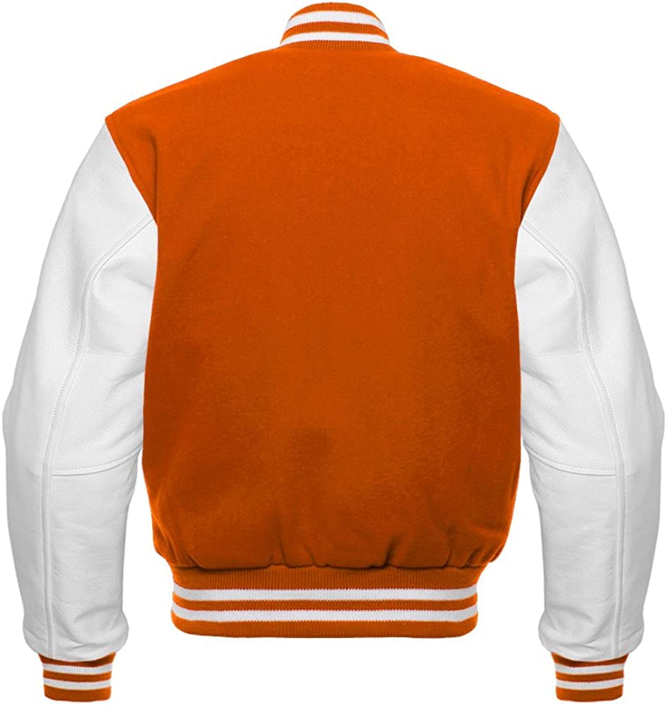 VarsityBlend Leatherman: The Ultimate Men's Wool & Leather Jacket for College Fashion (as1, alpha, s, regular, regular, Orange/white)