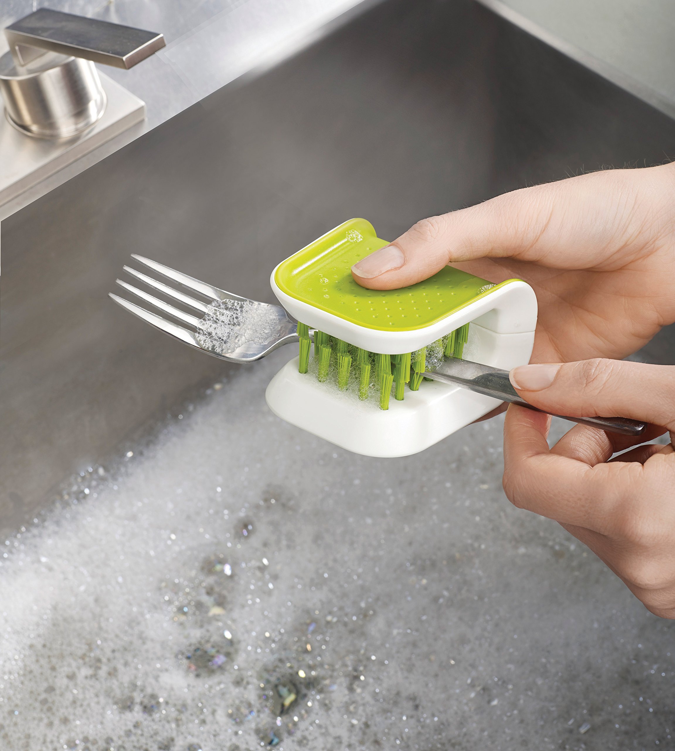 Joseph Joseph DrawerStore Compact Cutlery Organizer Kitchen Drawer Tray, Small, Gray & BladeBrush Knife and Cutlery Cleaner Brush Bristle Scrub Kitchen Washing Non-Slip, One Size, Green
