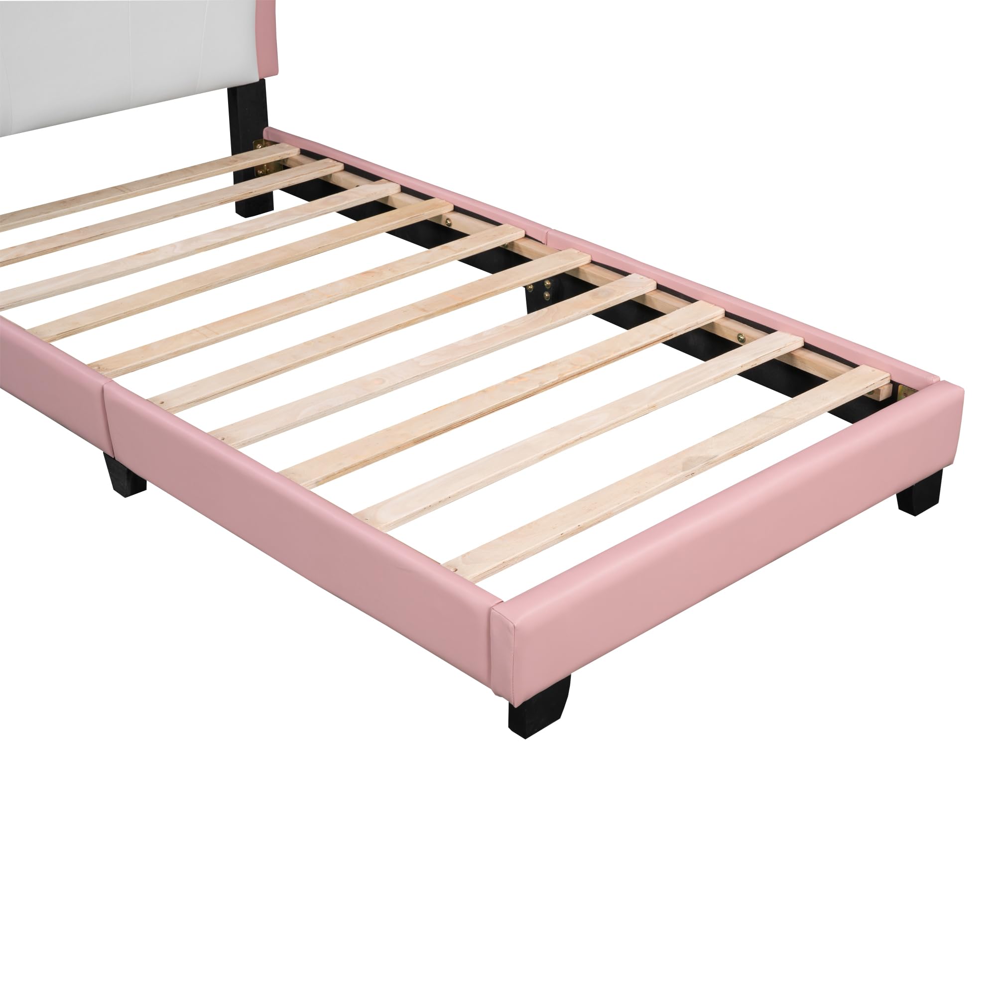Brabrety Cute Twin Size Upholstered Princess Platform Bed with Crown Headboard and Footboard,for Kids Boys Girls Teens Bedroom Use (White+Pink@Crown, Twin)
