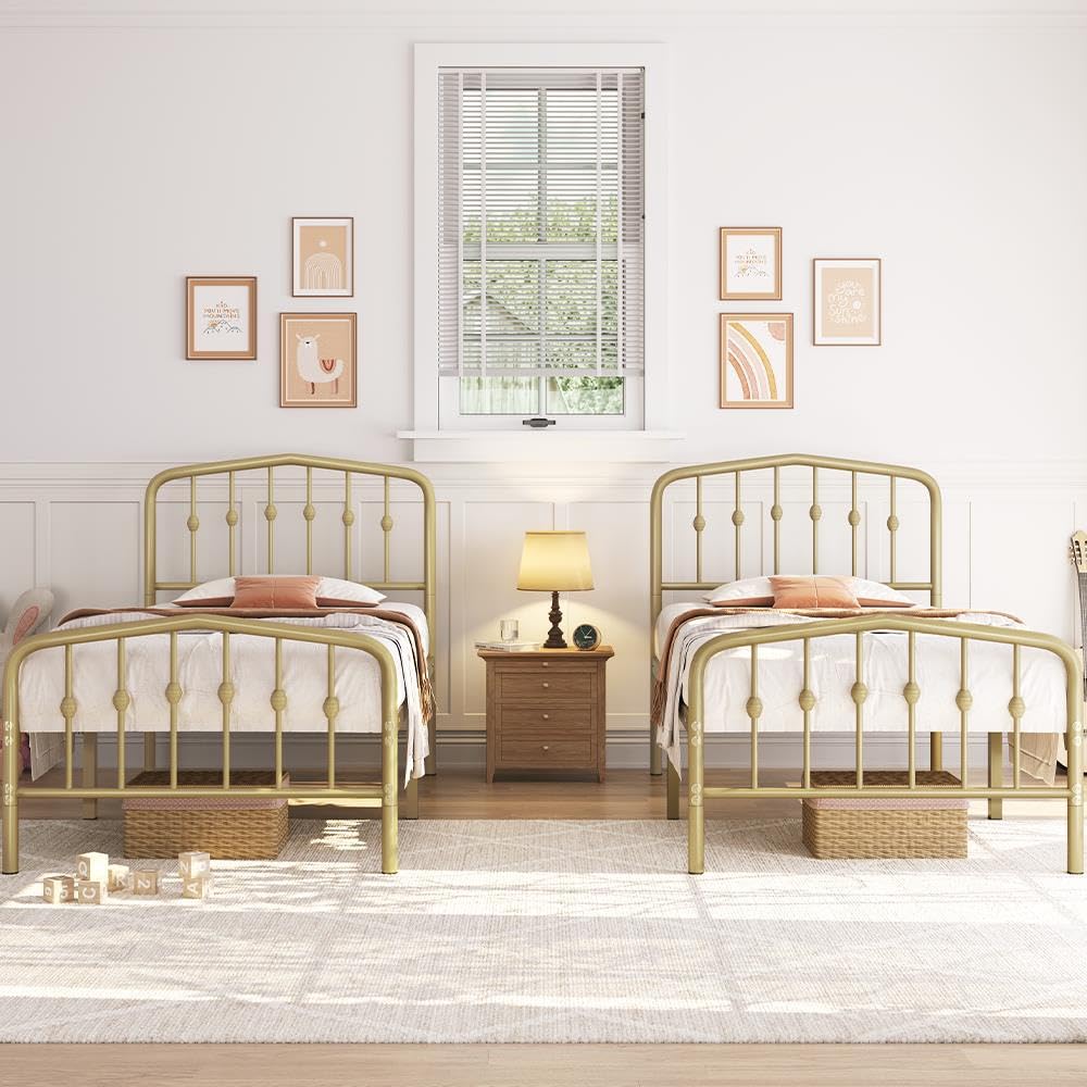 Yaheetech Twin Bed Frames Metal Platform Bed with Victorian Style Wrought Iron Headboard and Footboard/Easy Assembly/No Box Spring Needed/Antique Gold Twin Bed