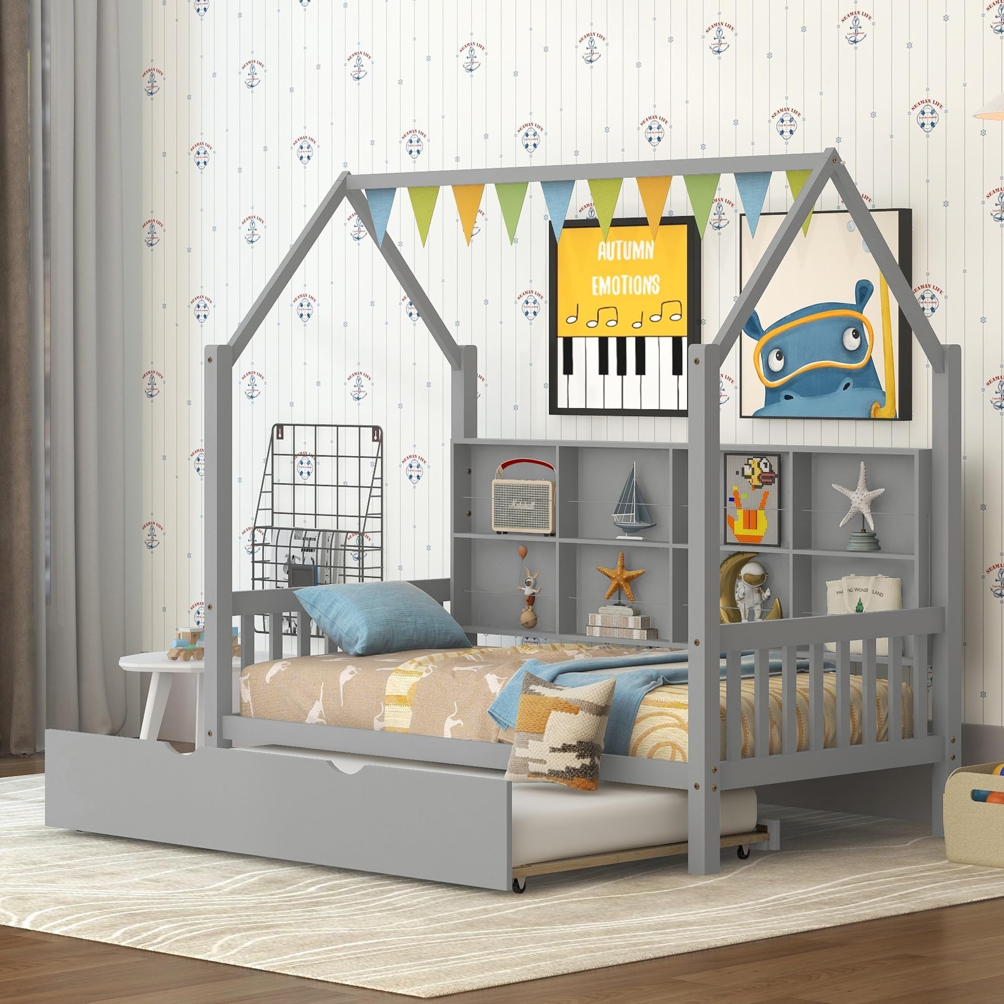 Bellemave Twin Size House Bed with Trundle and Storage Shelves, Montessori Bed Wood Playhouse Bed Frame,Wooden Kids Bed Frame with Roof Design(Twin,Gray)