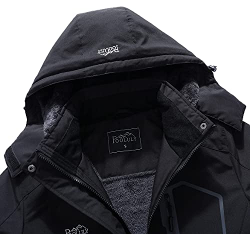 Pooluly Women's Ski Jacket Warm Winter Waterproof Windbreaker Hooded Raincoat Snowboarding Jackets Black-S