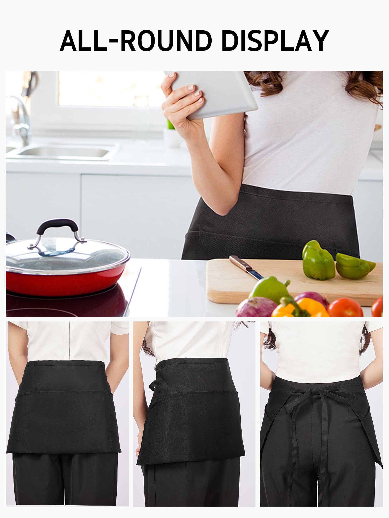 Syntus 6 Pack Server Apron with 3 Pockets, Waterdrop Resistant Waitress Waiter Waist Apron, 11.5-inch Black