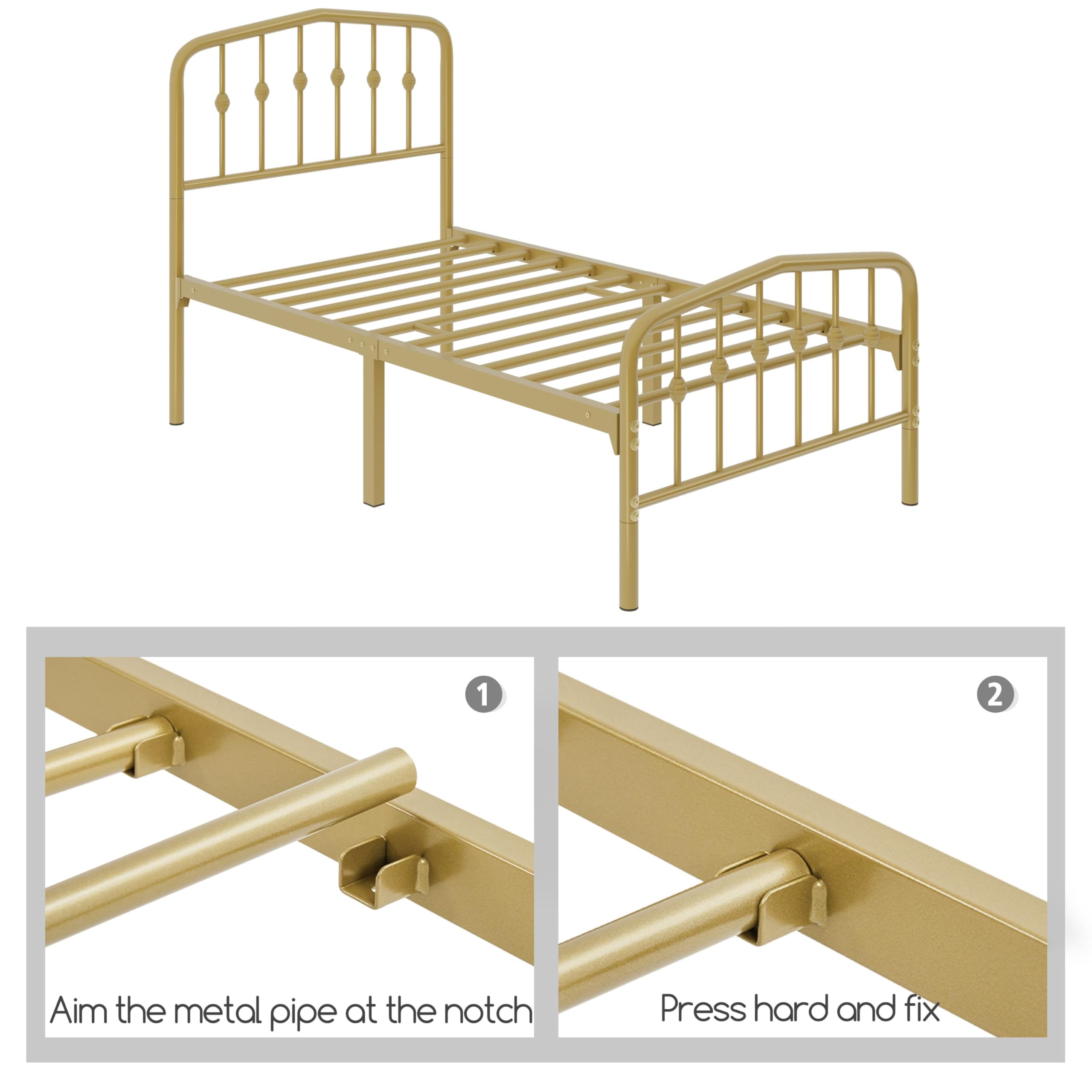 Yaheetech Twin Bed Frames Metal Platform Bed with Victorian Style Wrought Iron Headboard and Footboard/Easy Assembly/No Box Spring Needed/Antique Gold Twin Bed