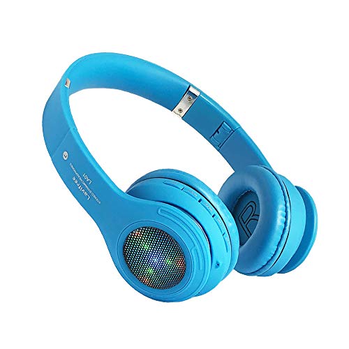 Kids Headphones Bluetooth Wireless,LED Light Up Wired Headset,85 dB Volume Limiting Foldable Headphones,Built-in Mic,Support FM Radio/Micro SD/TF,for Phone/Tablet/Pad/PC/Laptop/TV(Blue)