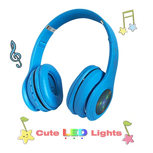 Kids Headphones Bluetooth Wireless,LED Light Up Wired Headset,85 dB Volume Limiting Foldable Headphones,Built-in Mic,Support FM Radio/Micro SD/TF,for Phone/Tablet/Pad/PC/Laptop/TV(Blue)