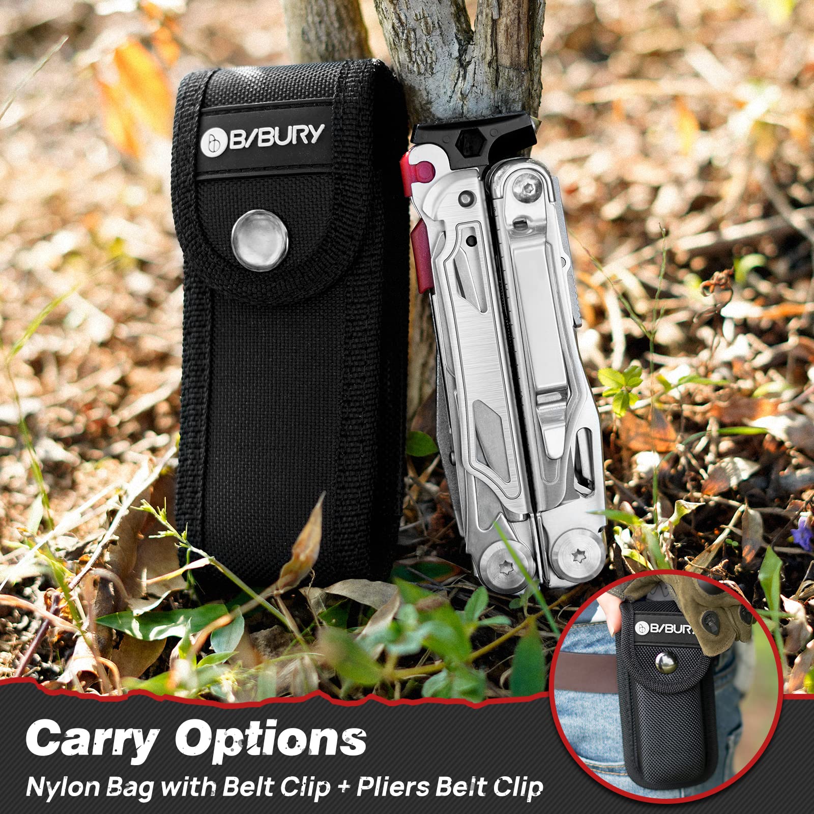 BIBURY Multitool Pliers BI2038B, 22-in-1 Stainless Steel Multi Tool with Flint, Window Breaker, Scissors, Back Clip, Folding Pocket Multifunctional Self-locking EDC Tool for Survival Camping Hiking