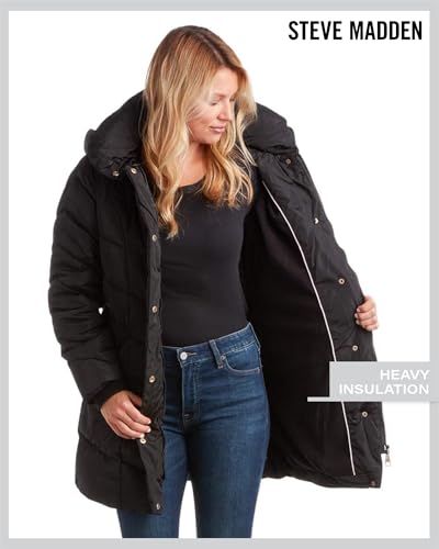 Steve Madden Women's Plus-Size Chevron Puffer Jacket, Black, 3X