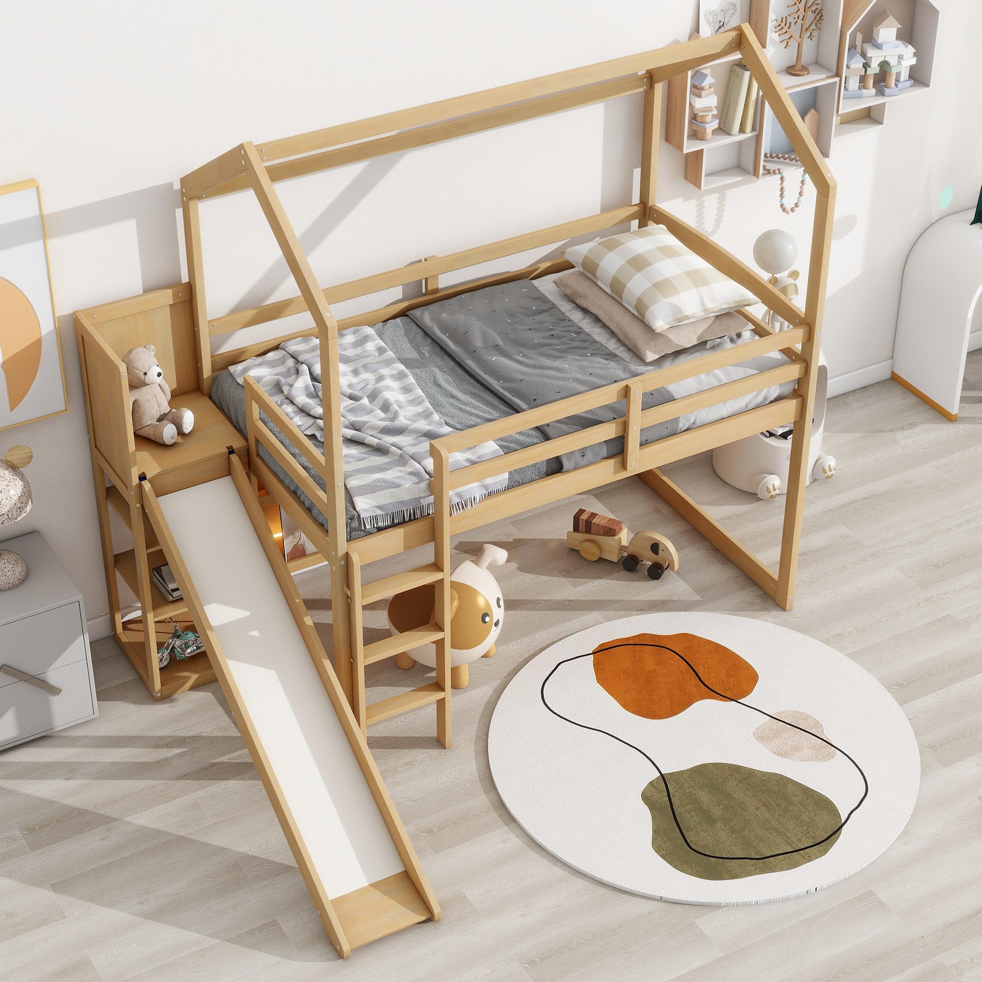 Merax Twin Size House Loft Bed with Slide and Storage Shelves, Wood Loft Bed for Boys & Girls (Natural)