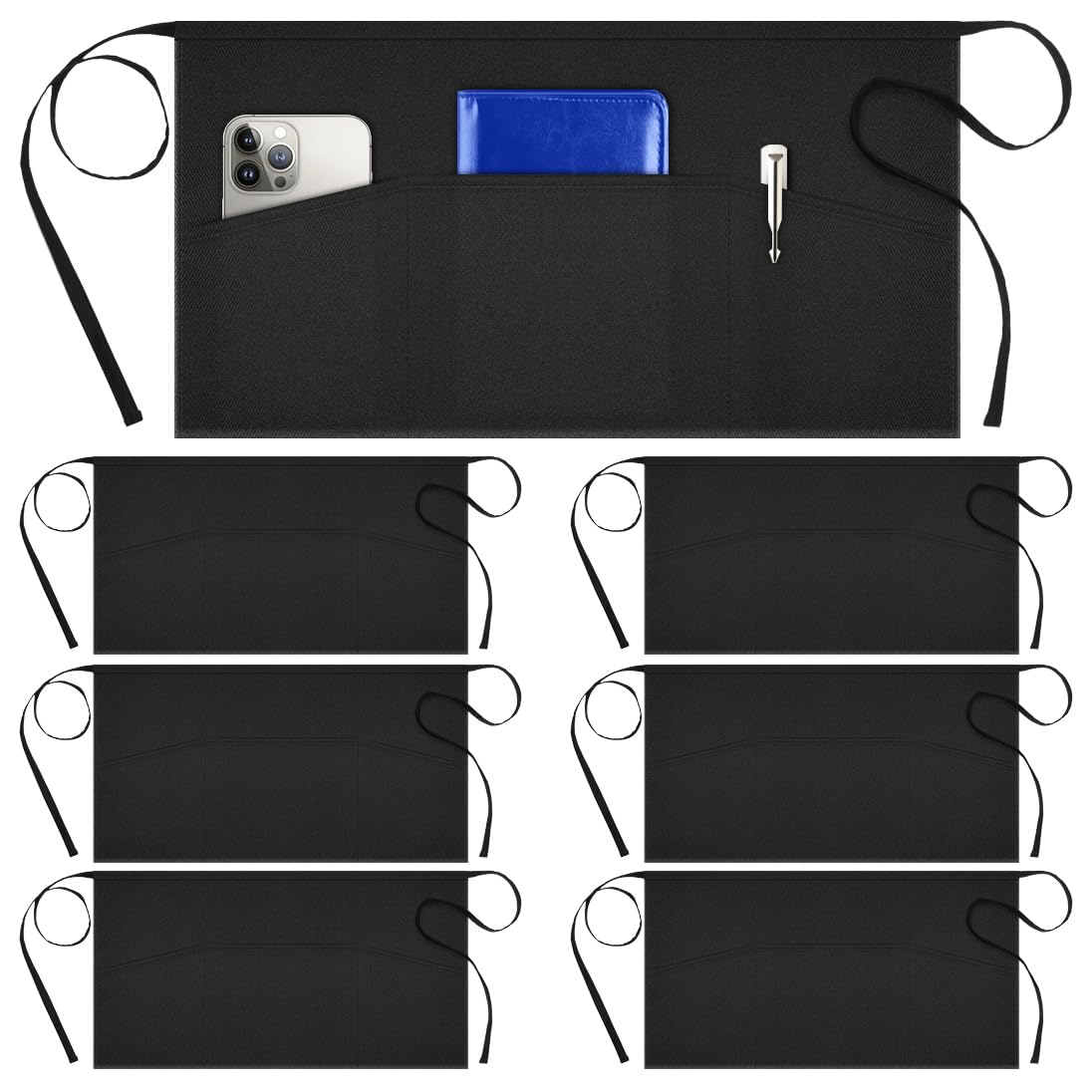 Syntus 6 Pack Server Apron with 3 Pockets, Waterdrop Resistant Waitress Waiter Waist Apron, 11.5-inch Black