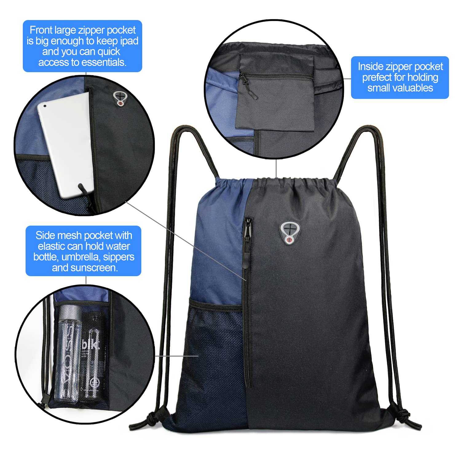 BeeGreen Drawstring Backpack Sports Gym Bag for Women Men Large Cinch Sackpack with 2 Zipper Pockets and Water Bottle Mesh Pockets Black Navy