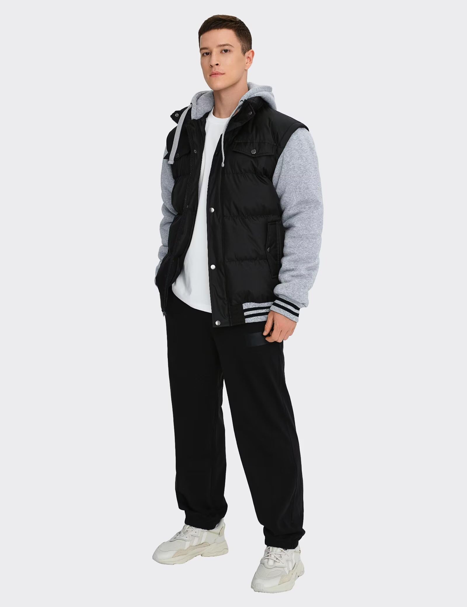 BEST SOUTH Men's Hooded Winter Coats Water Resistant Warm Thicken Insulated Full Zip Windproof Jackets with Pockets Black Grey L