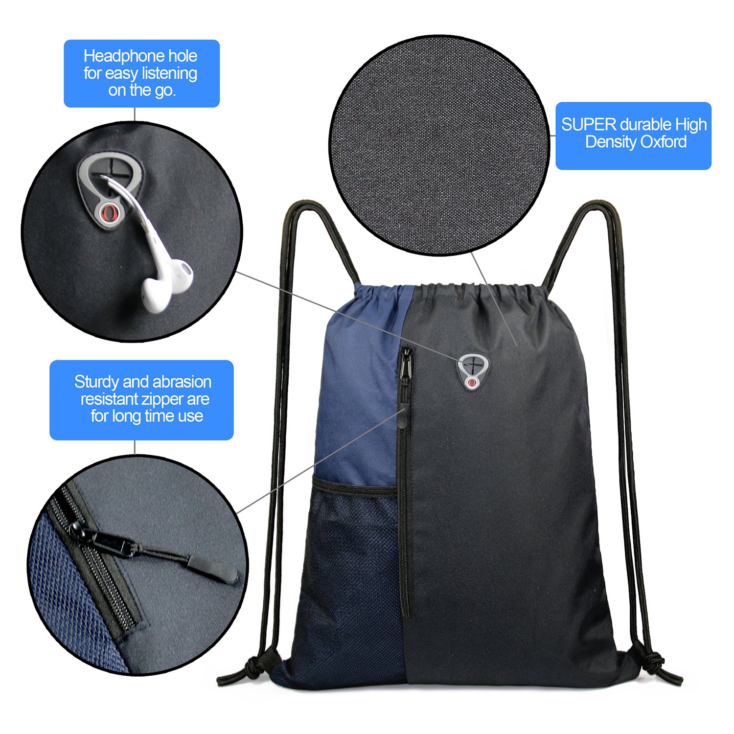 BeeGreen Drawstring Backpack Sports Gym Bag for Women Men Large Cinch Sackpack with 2 Zipper Pockets and Water Bottle Mesh Pockets Black Navy